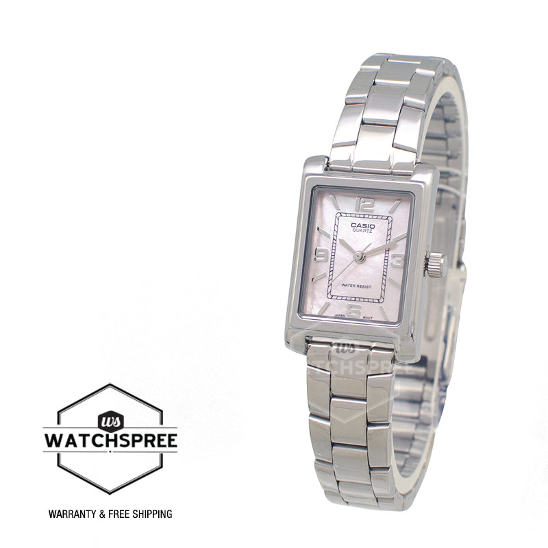 Casio Ladies' Analog Rectangular Mother of Pearl Dial Stainless Steel ...