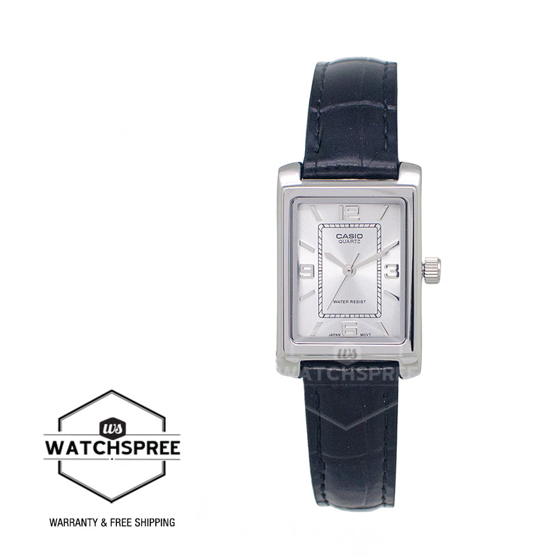 Casio Ladies' Analog Rectangular Dial Black Leather Strap Watch ...