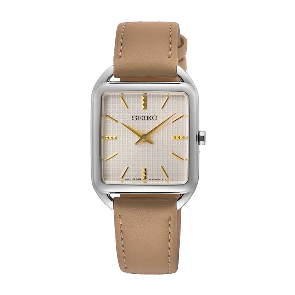 Seiko Ladies' Quartz Rectangular Dial Brown Calf Leather Strap Watch S ...