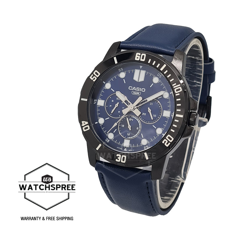 Casio Men's Analog Multi Hands Navy Blue Leather Strap Watch MTPVD300BL ...